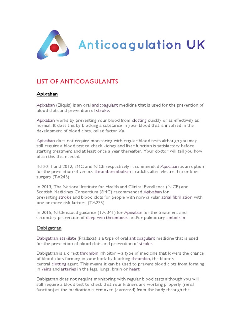 List of Anticoagulants Guide | PDF | Thrombosis | Thrombus