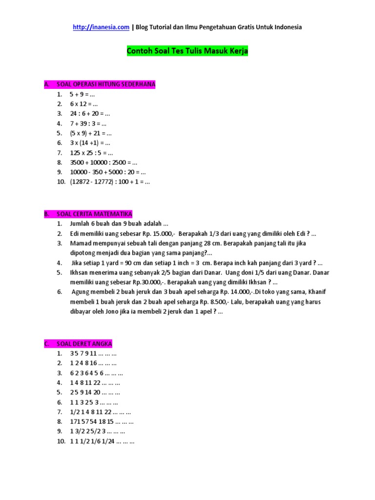 Contoh Soal Tes Tulis Masuk Kerja | PDF