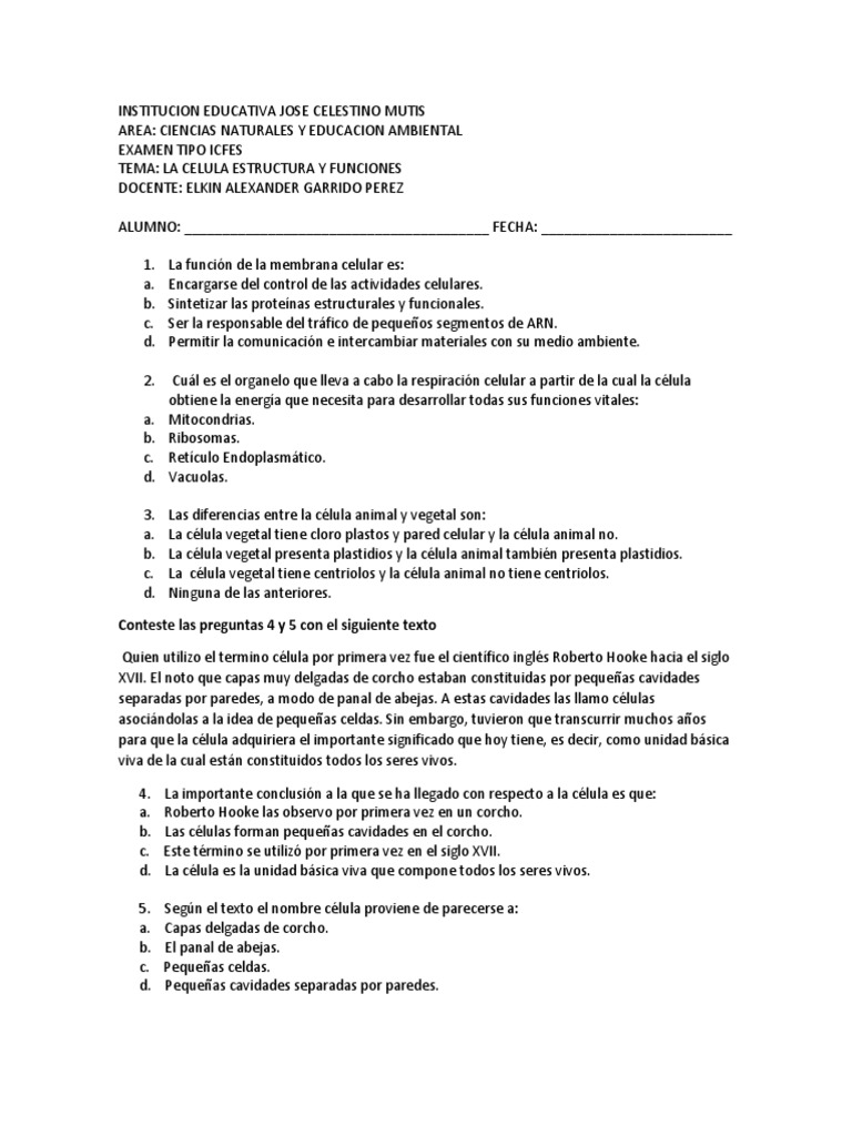 Examen La Celula | PDF | Citoplasma | Biología Celular)