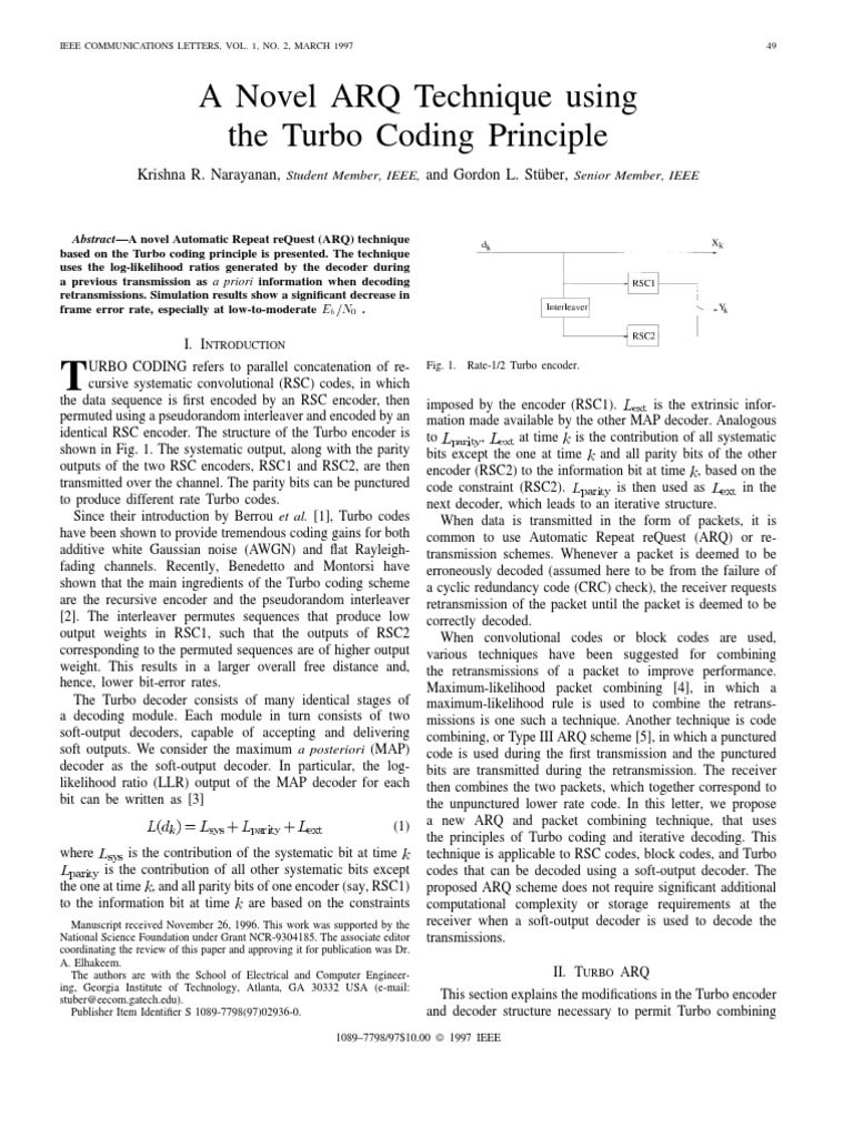 A Novel Arq Technique Using The Turbo Coding Principle Krishna R Narayanan And Gordon L St