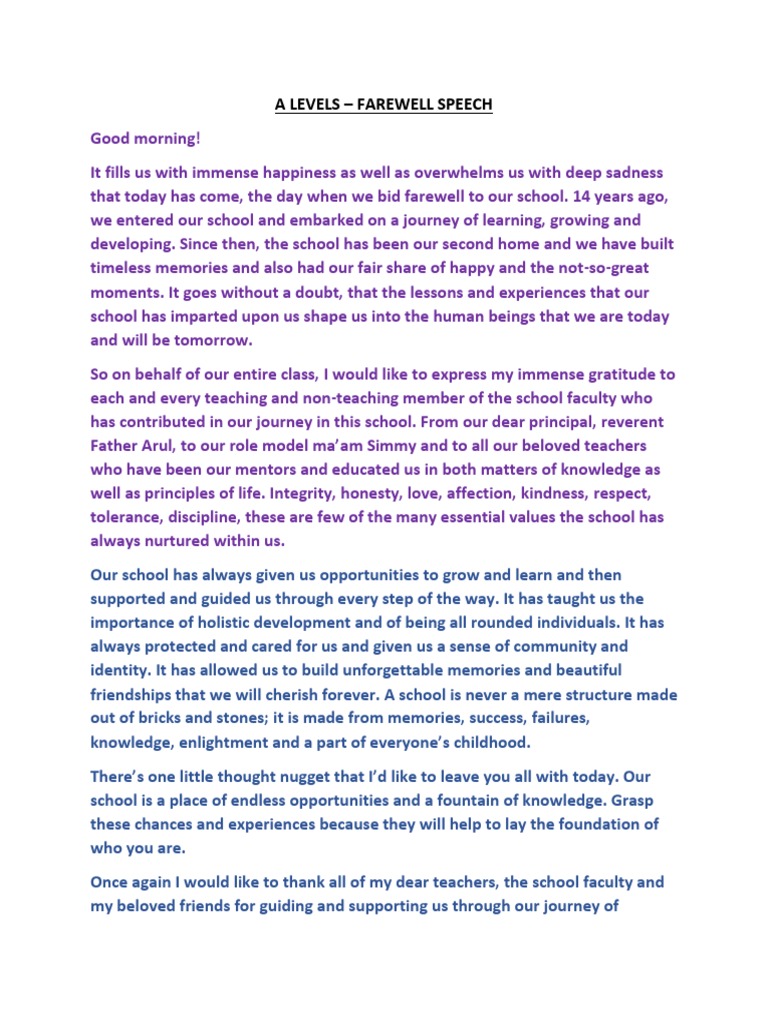 A Level Farewell Speech Highlights | PDF | Wellness