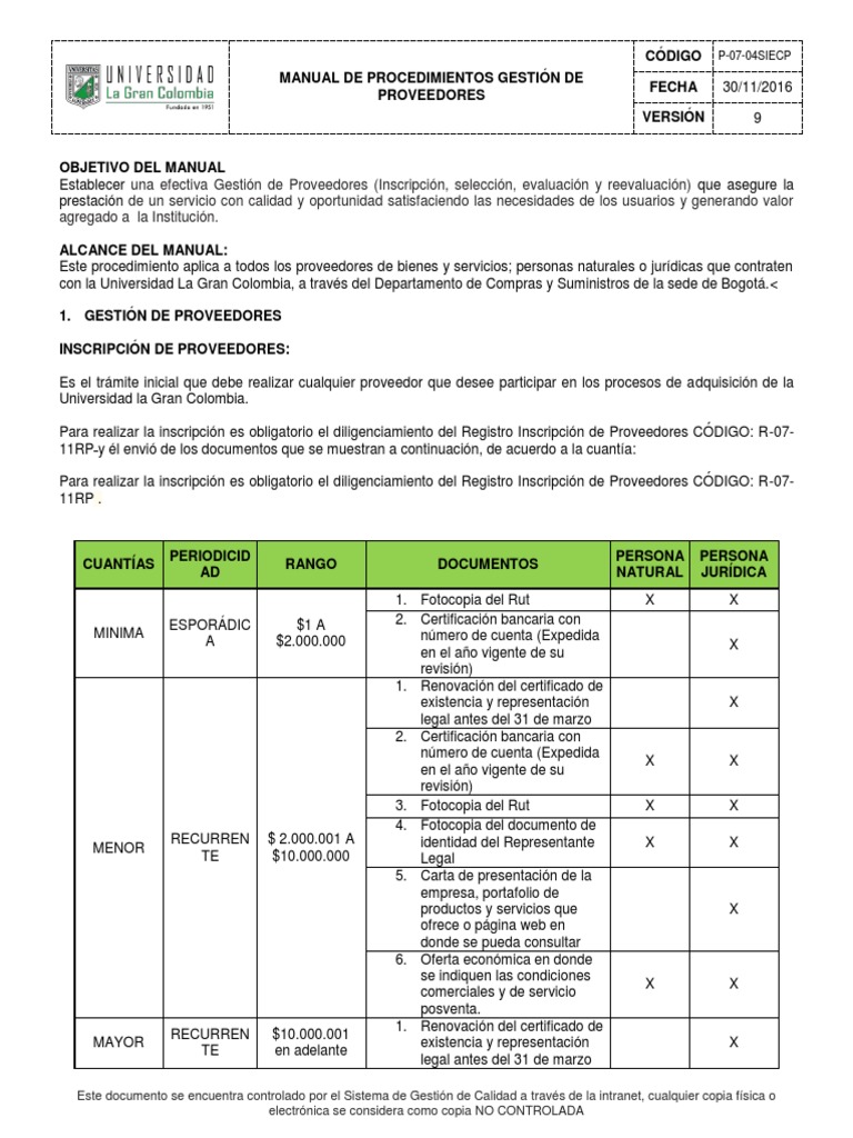 Manual Procesos Procedimientos Gestion de Proveedores | Calidad (comercial) | Soporte técnico