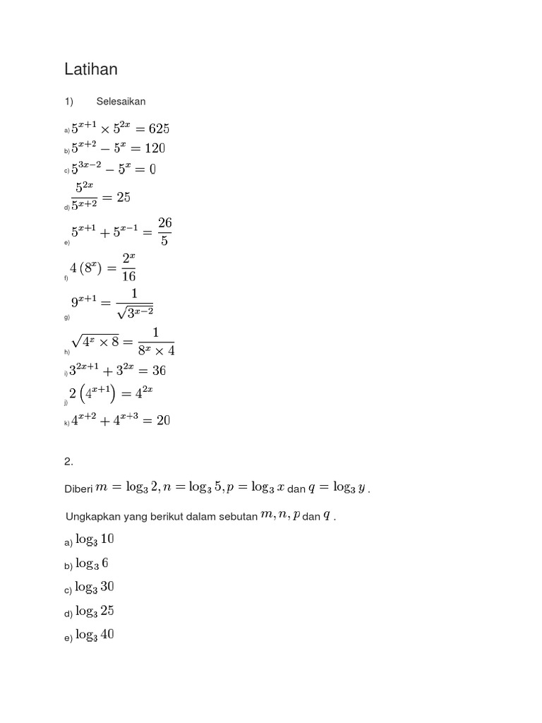 Latihan Indeks, Eksponen Dan Logaritma | PDF