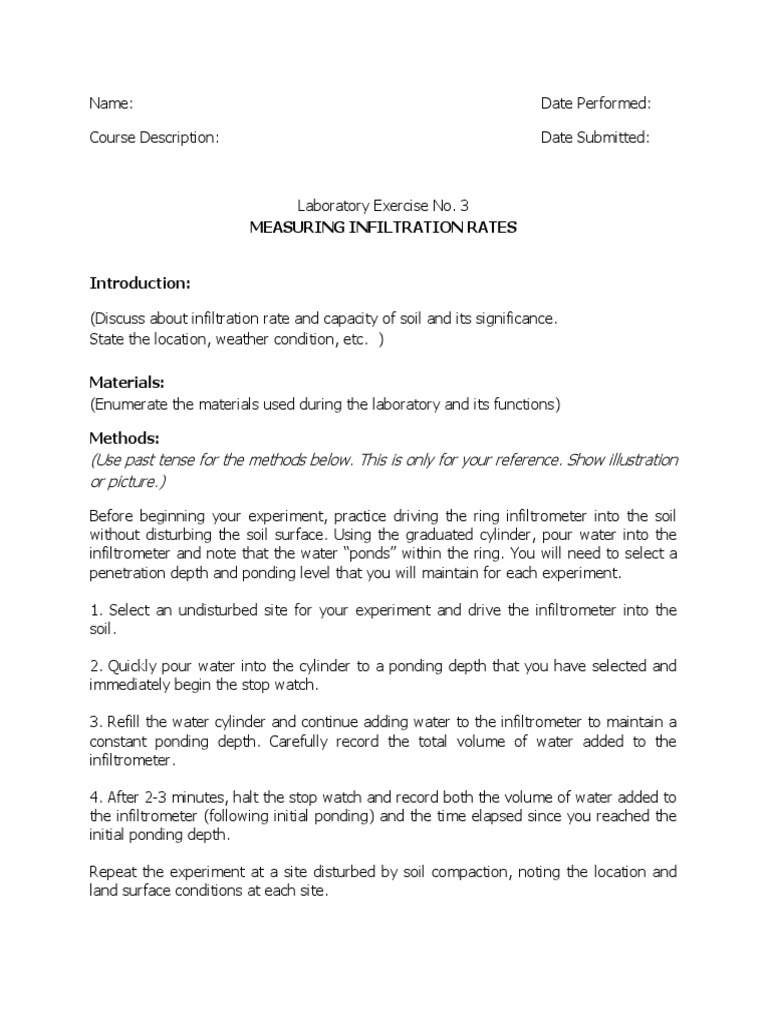 Lab 3 - Infiltration | PDF | Soil | Experiment
