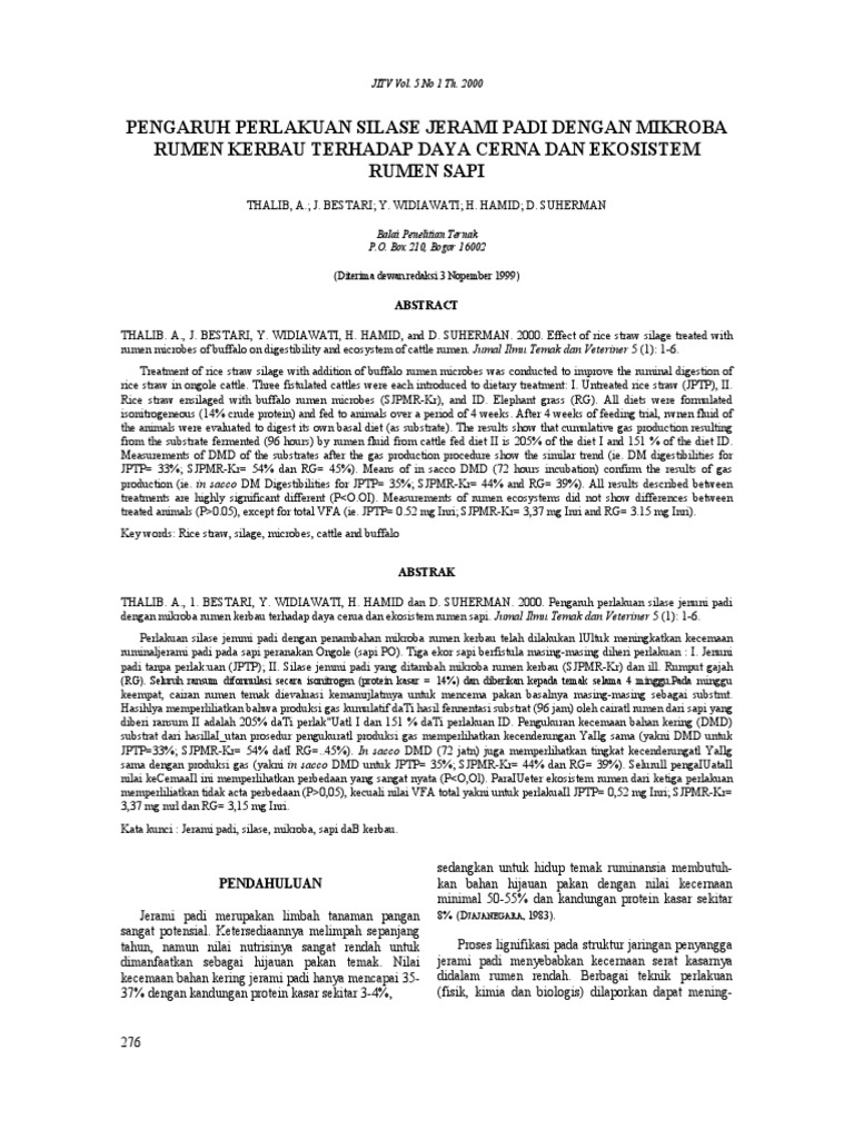 Pengaruh Perlakuan Silase Jerami Padi Dengan Mikroba Rumen Kerbau ...
