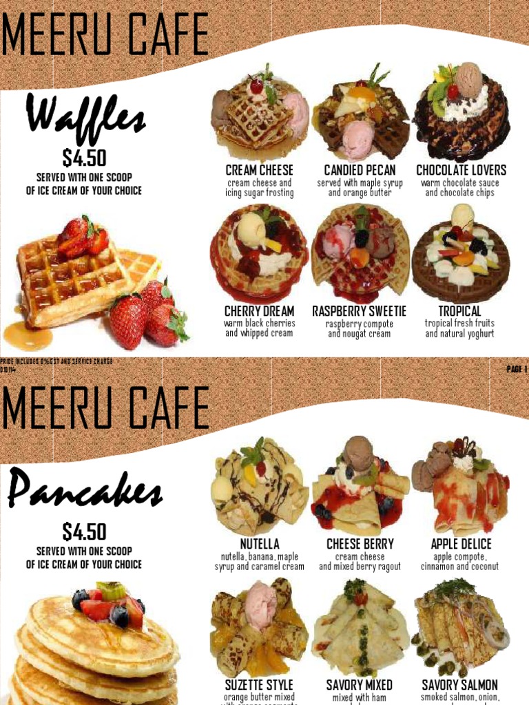Meeru Cafe menu featuring tuna & mozzarella salad, ice cream, waffles ...