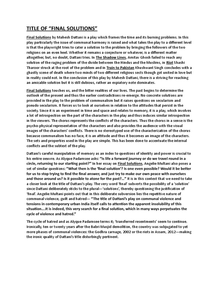 Questioning the Possibility of a 'Final Solution' Through Memory and ...