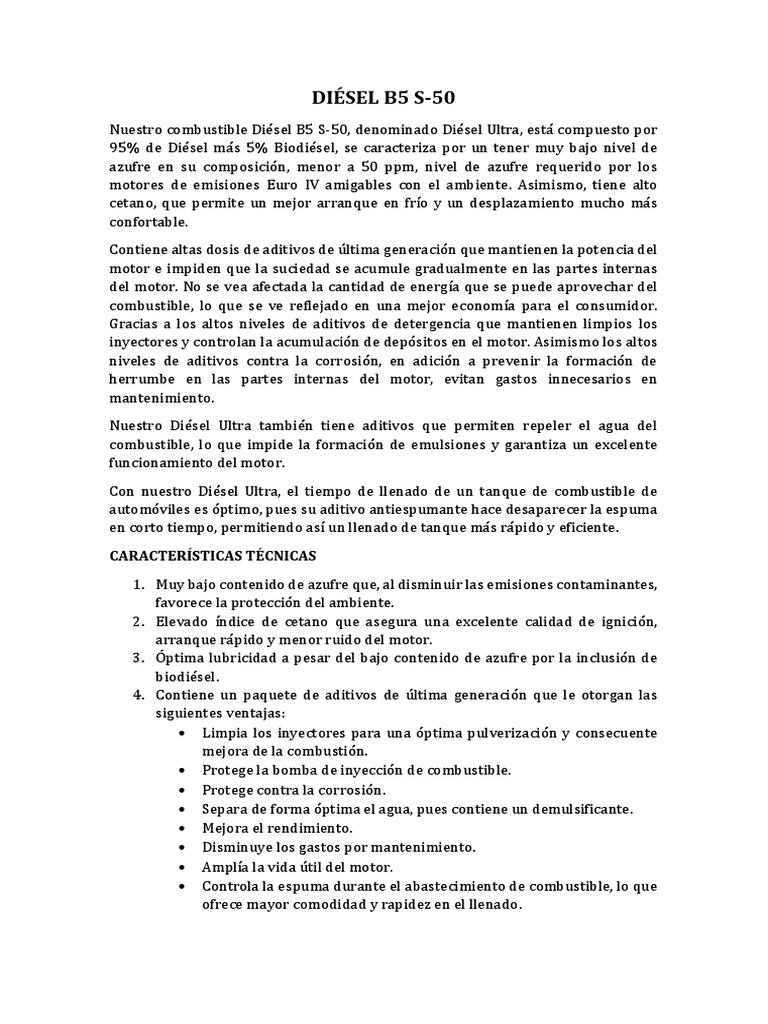 Diésel B5 S-50: Ventajas y Características | PDF | Motor diesel ...