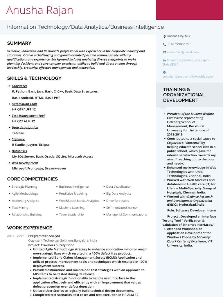Anusha Rajan Resume Pink | Download Free PDF | Software Bug | Software ...