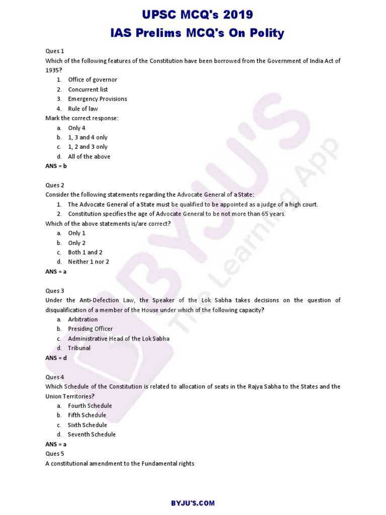 Polity MCQs | PDF | Government Of India | Public Law