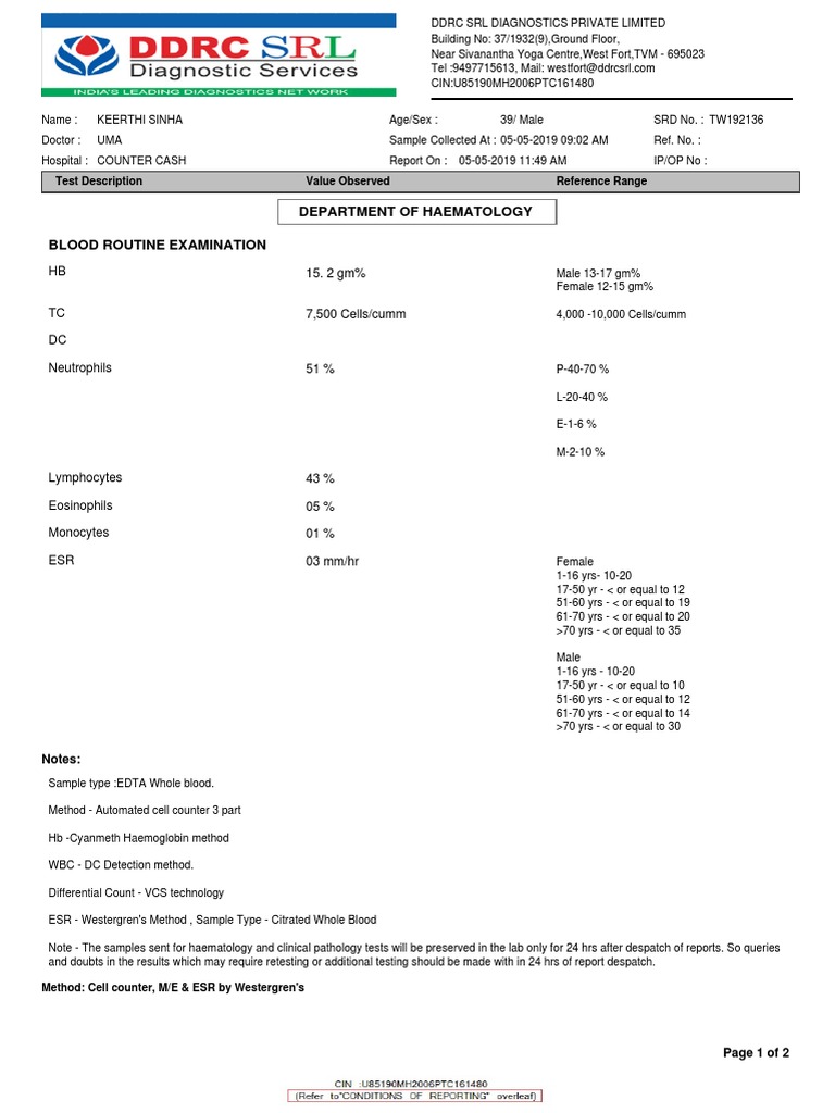Department of Haematology Blood Routine Examination: HB 15. 2 GM% | PDF ...