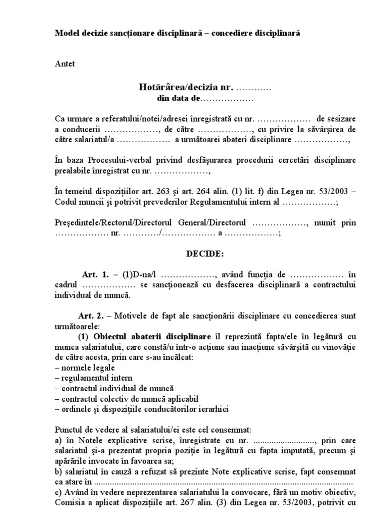 Model Decizie Concediere Disciplinara | PDF