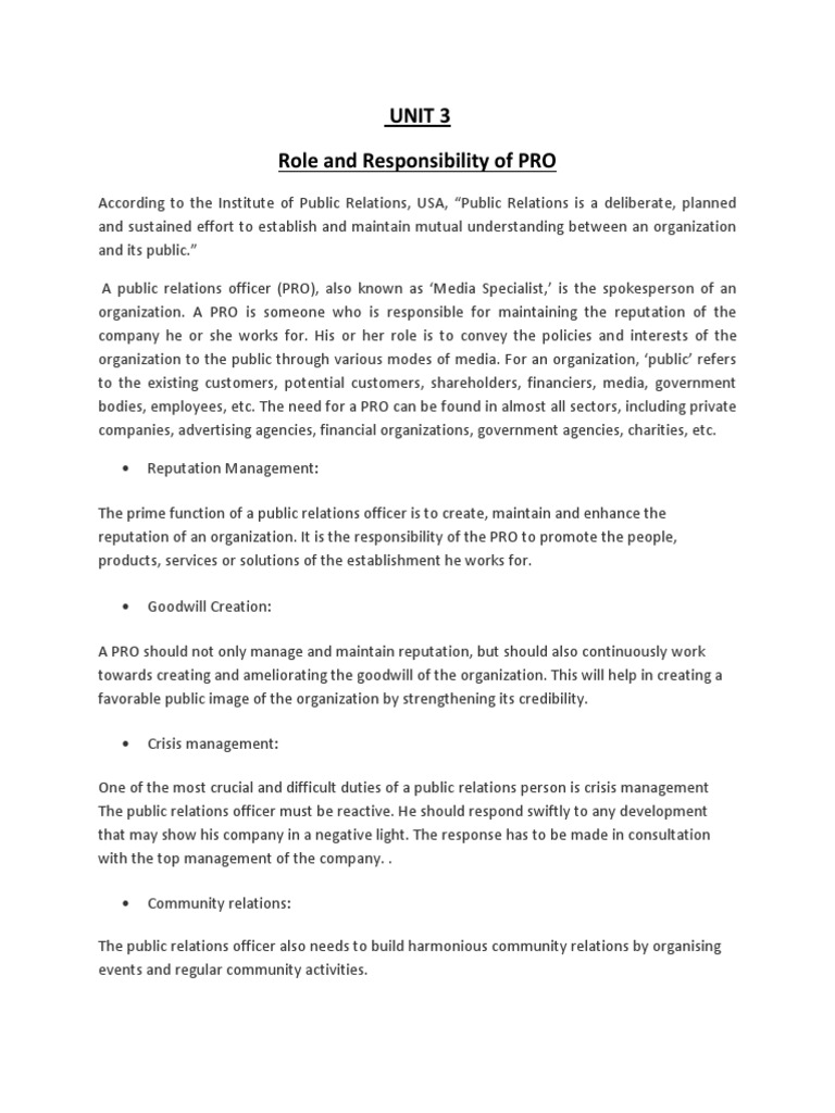 Unit 3 Role and Responsibility of PRO | PDF | Public Relations | Reputation