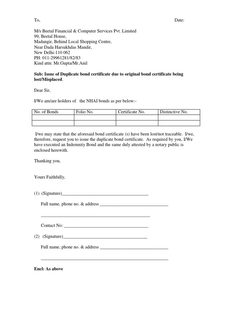 INdemnity For Duplicate Bond | PDF | Indemnity | Legal Concepts