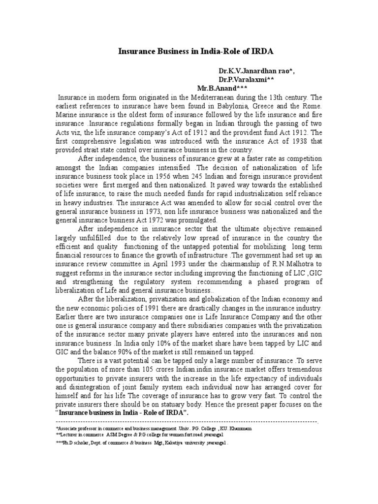 Role of IRDA in Indian Insurance Sector | PDF | Insurance | Service ...