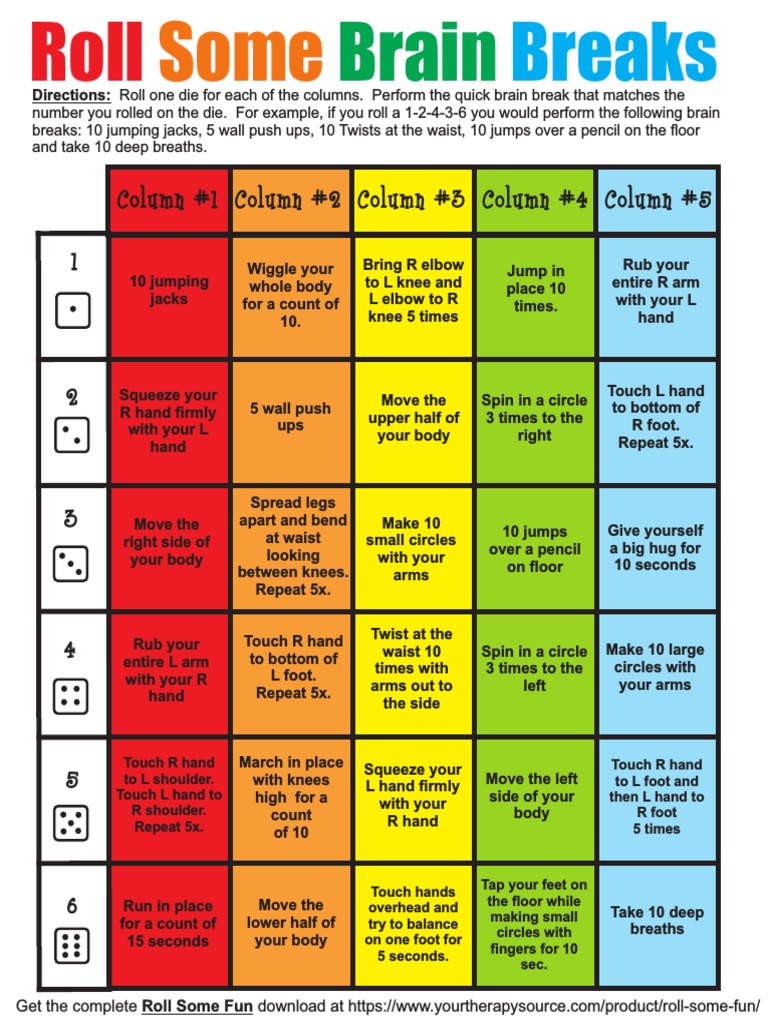 Roll Some Brain Breaks Freebie | Download Free PDF | Foot | Hand