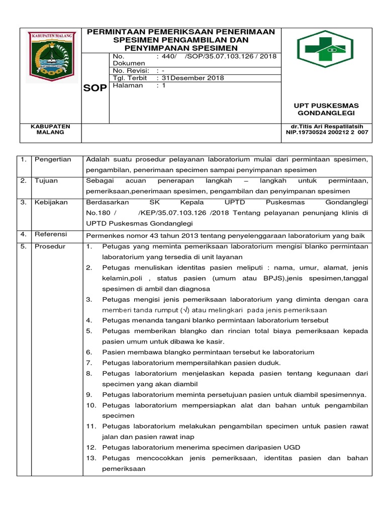 8.1.2.1 Sop Permintaan Pemeriksaan Penerimaan Spesimen Pengambilan Dan Penyimpanan Spesimen Sip ...