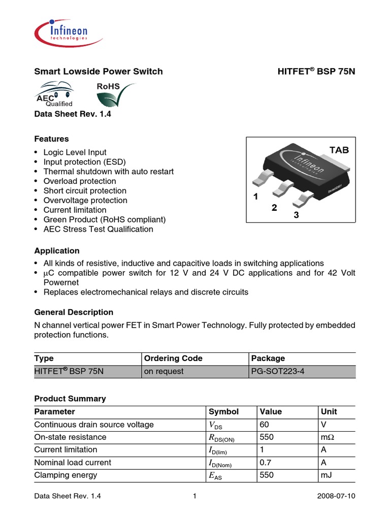 Smart Lowside Power Switch Hitfet BSP 75N: Data Sheet Rev. 1.4 | PDF ...