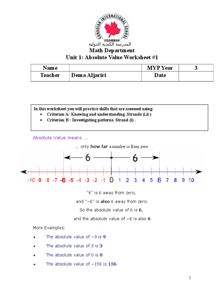 Math Department Unit 1: Absolute Value Worksheet #1 Name MYP Year 3 ...