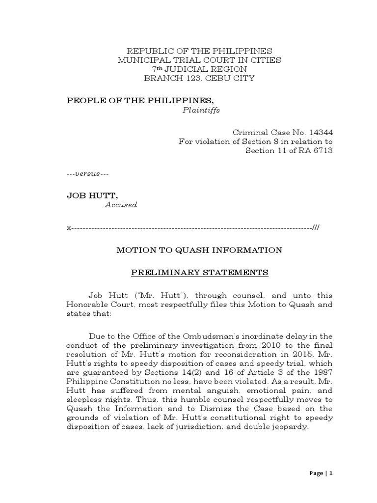 Motion to Quash Information and Dismiss Case Due to Violation of ...