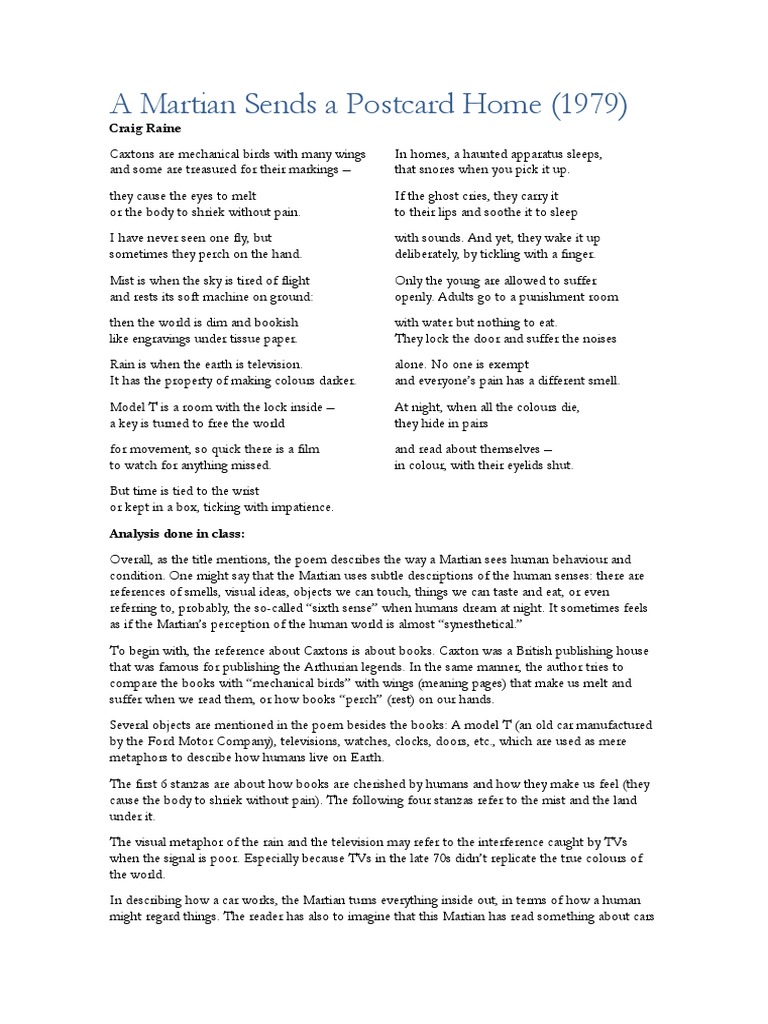 Analysis of "A Martian Sends A Postcard Home" by Craig Raine | PDF | Senses