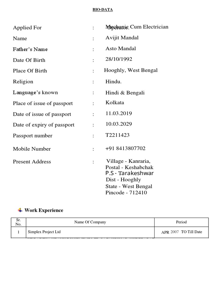 Biodata of Balaji - JACK OPERATOR PDF | PDF