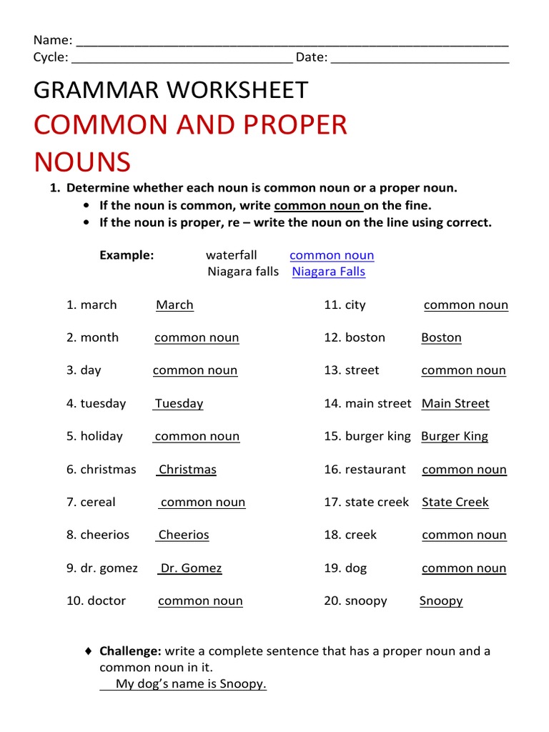 Common vs. Proper Nouns Worksheet | PDF