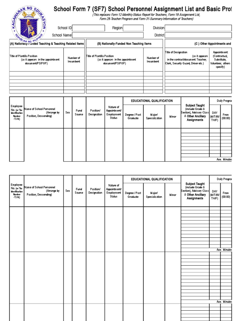 School Form 7 (SF7) School Personnel Assignment List and Basic Profile ...