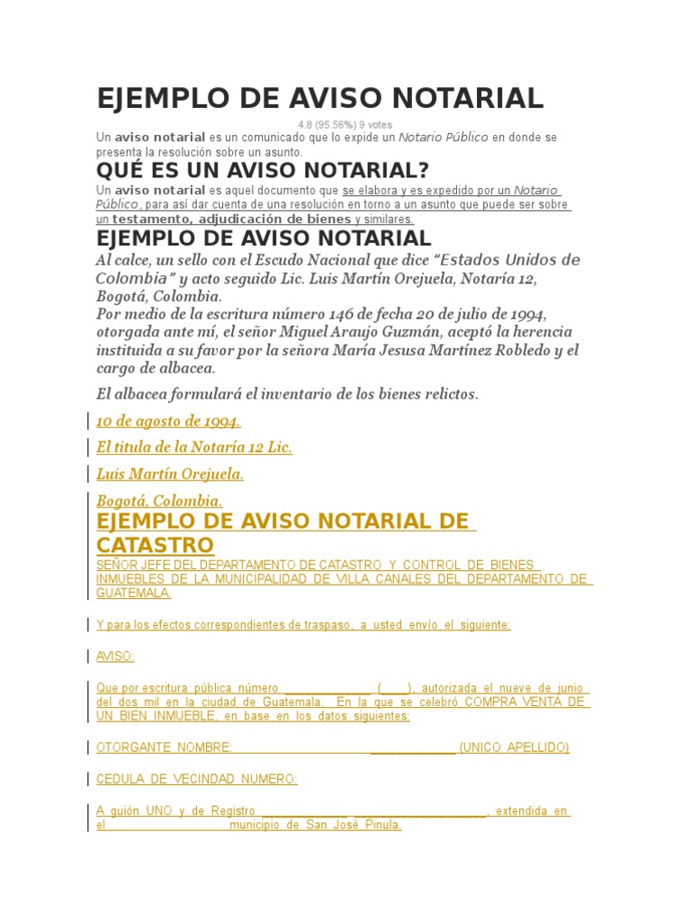 Ejemplo de Aviso Notarial | Gobierno | Política | Prueba gratuita de 30 ...
