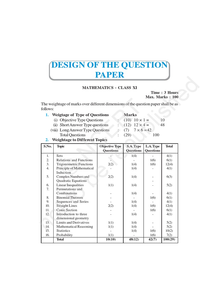 © Ncert Not To Be Republished: Design of The Question Paper | PDF ...