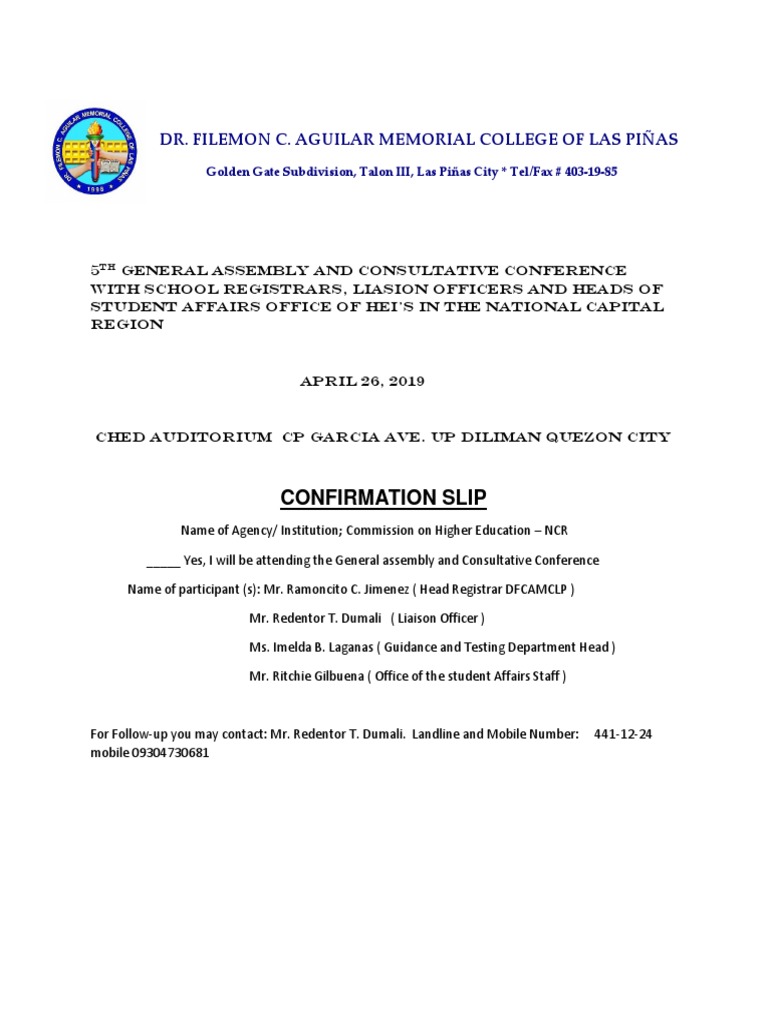 Confirmation Slip From Dr. Filemon C. Aguilar Memorial College of Las ...