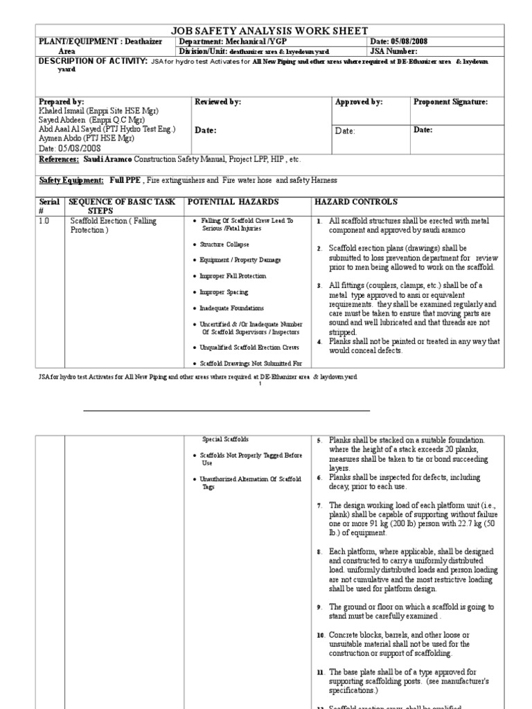 JSA For Hydro Test Activites Generic | PDF | Scaffolding | Pump