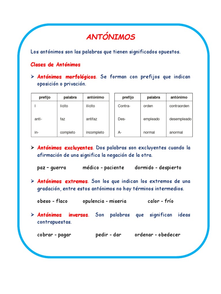 Tipos y ejemplos de antónimos | PDF | Artes del Lenguaje y Comunicación