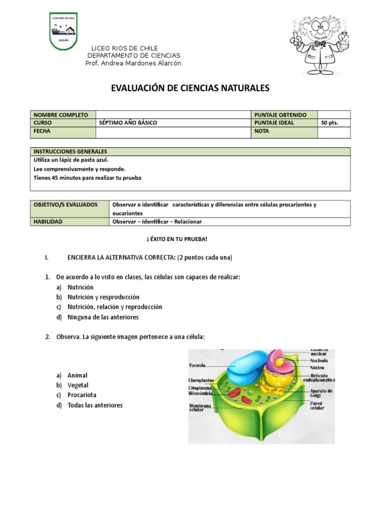 7 U1 Prueba 1 La Célula | PDF | Eucariotas | Biología Celular)