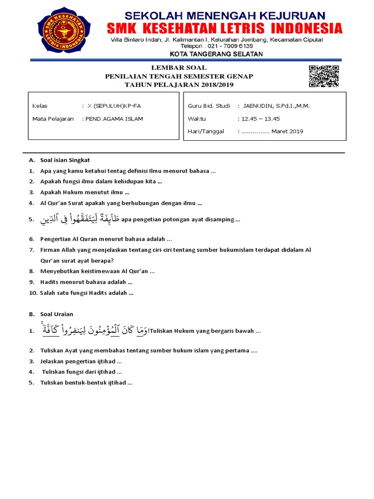Soal Dan Kisi-Kisi Uts SMK KESEHATAN LETRIS INDONESIA | PDF