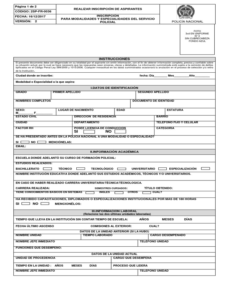 Registration Form for Police Modalities and Specialties | PDF | Policía ...