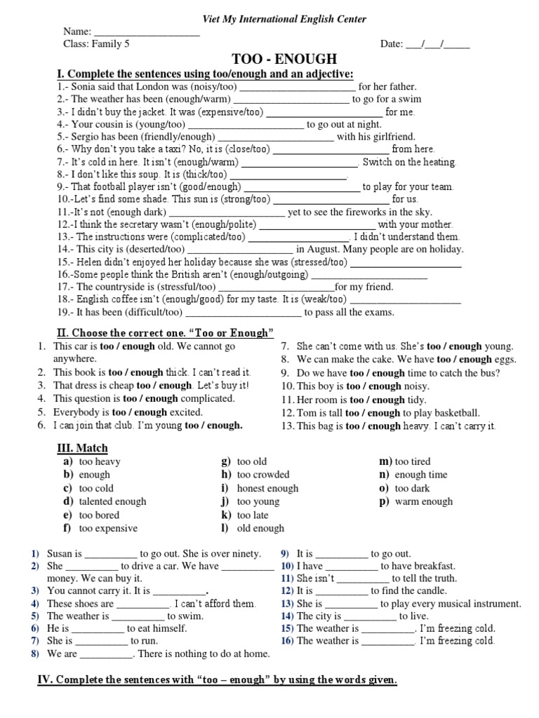 Too and Enough Grammar Exercises | PDF