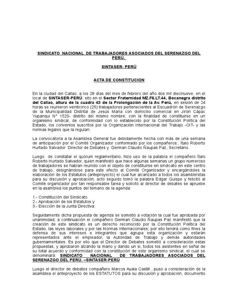 Constitución del Sindicato Nacional de Trabajadores Asociados del ...