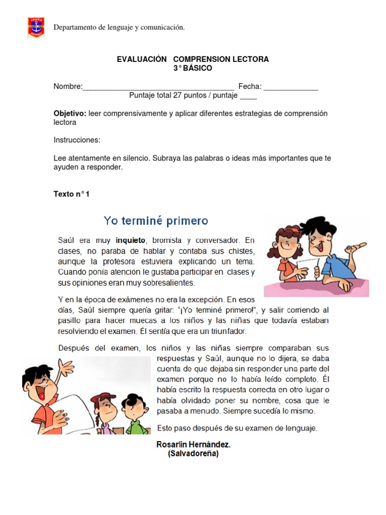 Evaluación Comprension Lectora 3° | PDF | Comprensión lectora | Río