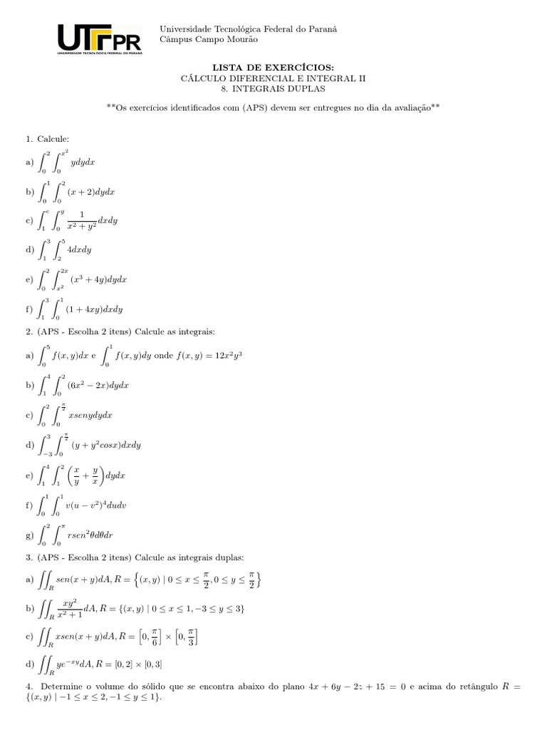 Exercicios - Integrais Duplas | PDF | Objetos matemáticos | Ensino de ...