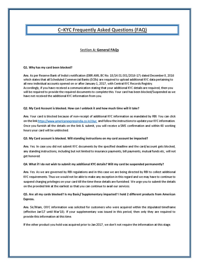C-Kyc Frequently Asked Questions (Faq) : Section A: General Faqs | PDF ...