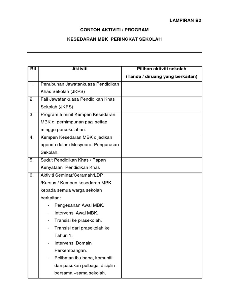 Lampiran B2 - Contoh Aktiviti Kempen Kesedaran MBK Peringkat Sekolah | PDF