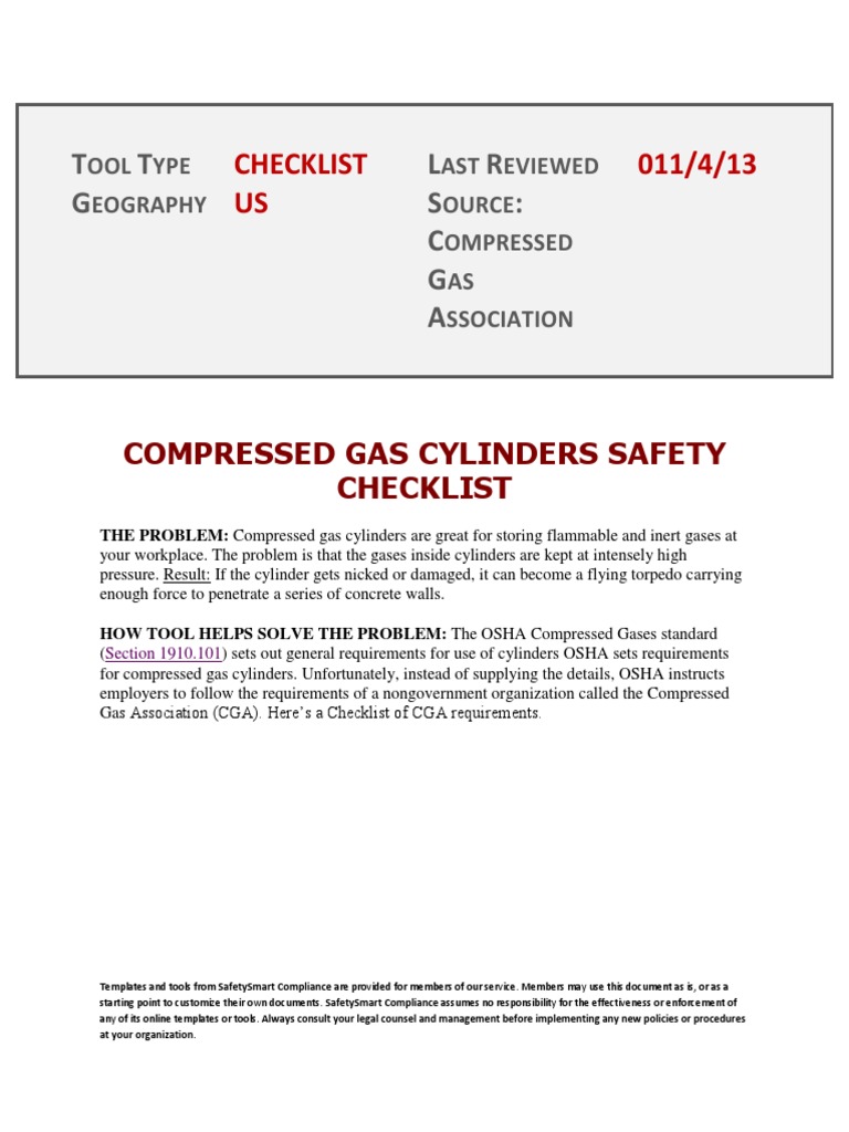 Compressed Gas Cylinder Safety Checklist | PDF | Gases | Energy Technology