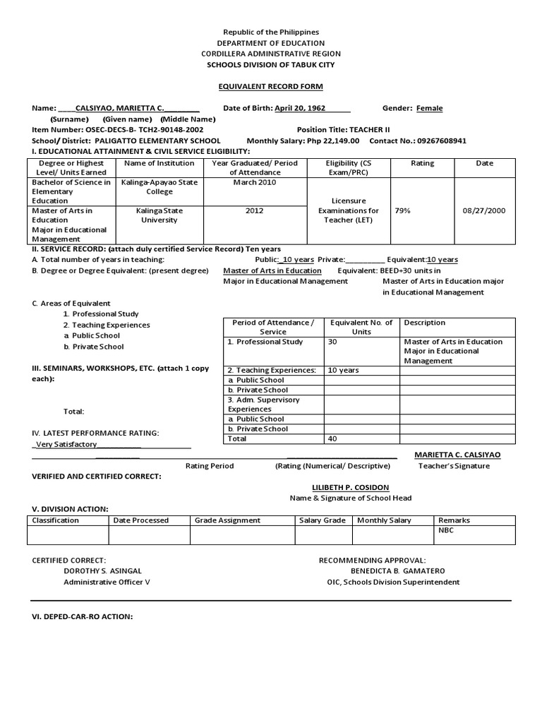 eqUIVALENT RECORD FORM | PDF | State School | Teachers