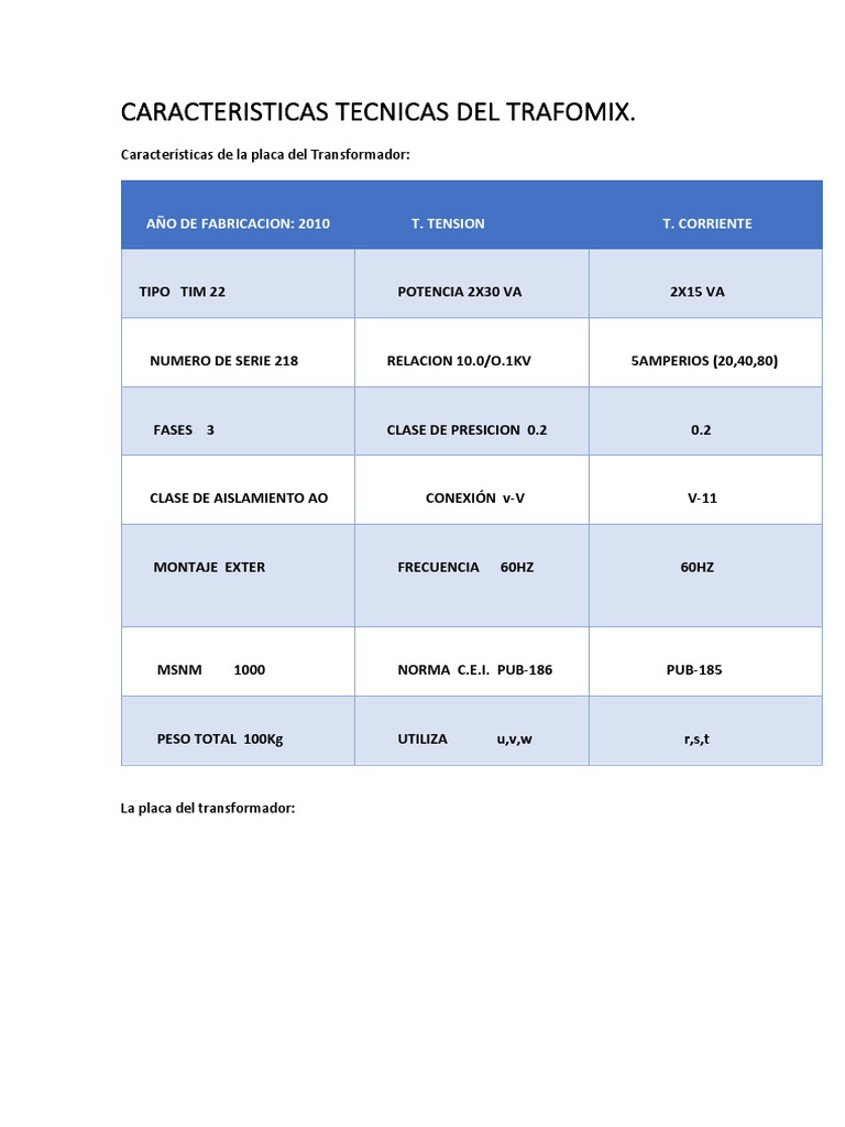 Caracteristicas Tecnicas Del Trafomix | PDF | Transformador | voltaje