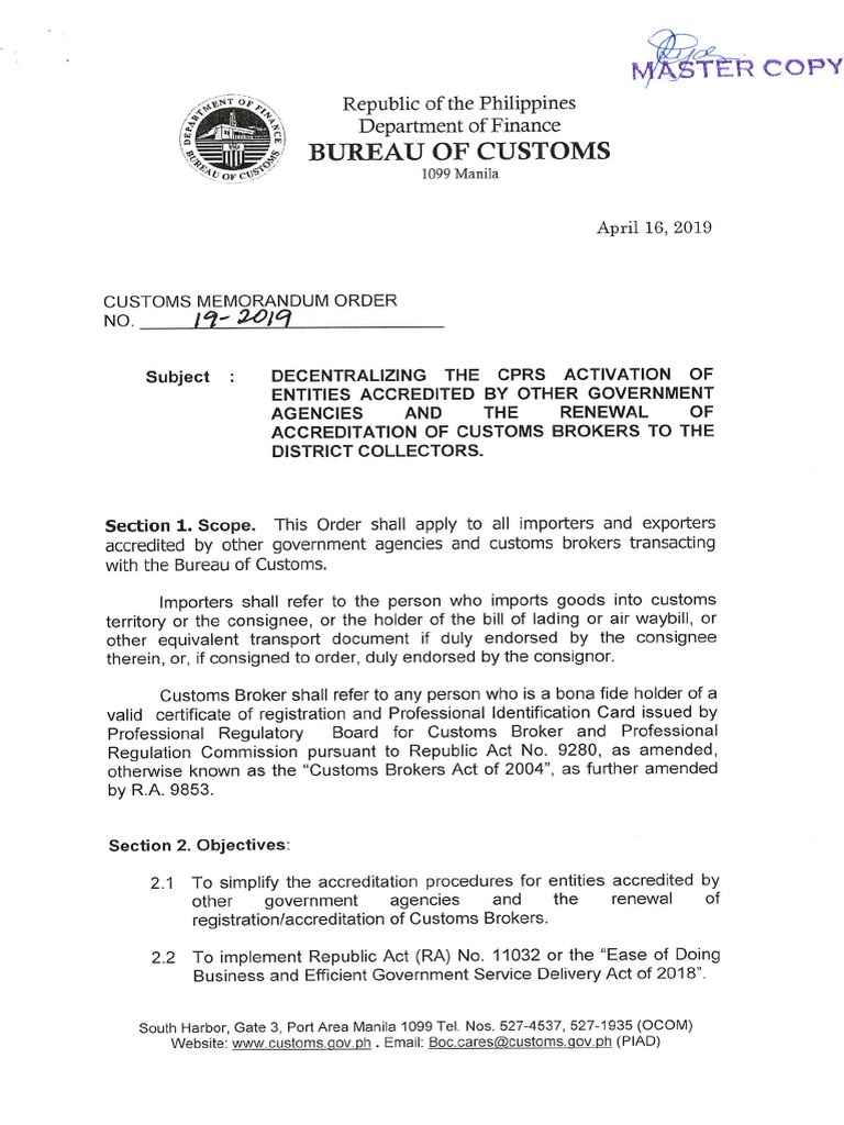 Customs Memorandum Order No. 19-2019 | PDF
