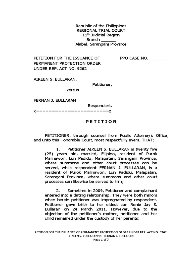 Petition for a Permanent Protection Order Due to Ongoing Domestic ...