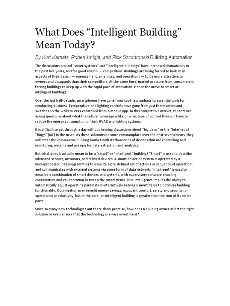 What Does "Intelligent Building" Mean Today?: by Kurt Karnatz, Robert ...