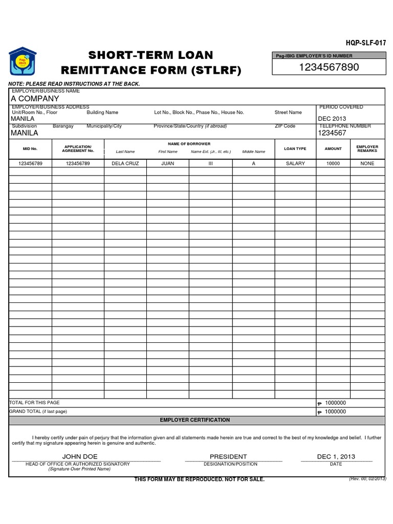 Short Term Loan Remittance Form | Signature | Loans