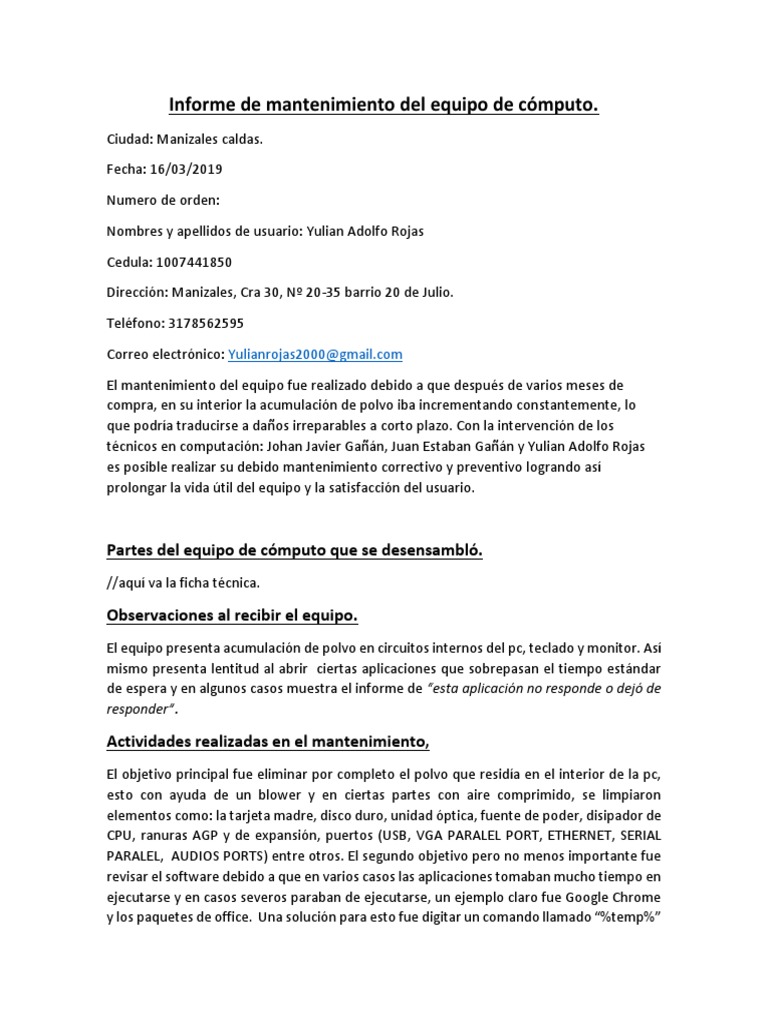 Informe de Mantenimiento Del Equipo de Cómputo | PDF | Disco duro ...